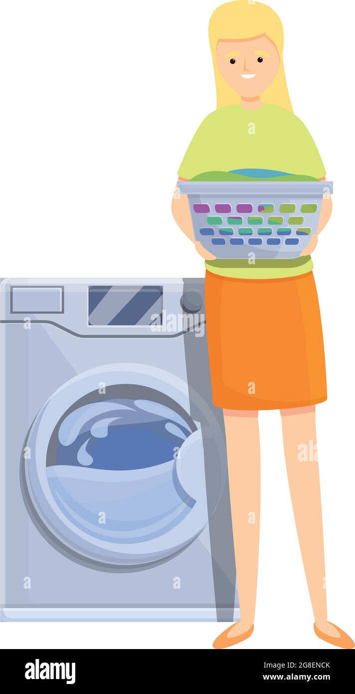 Mom wash machine icon cartoon vector. Woman housewife. Home kitchen ...