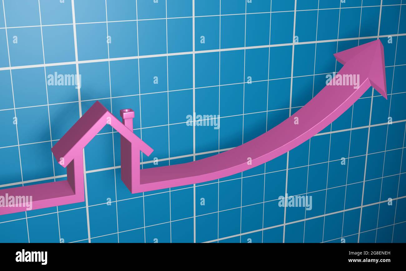 An 3D illustration of a house icon in an upward direction. An positive ...