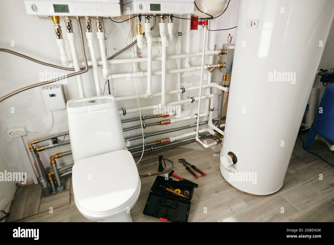 Spacious lavatory with toilet bowl inside large modern house Stock ...