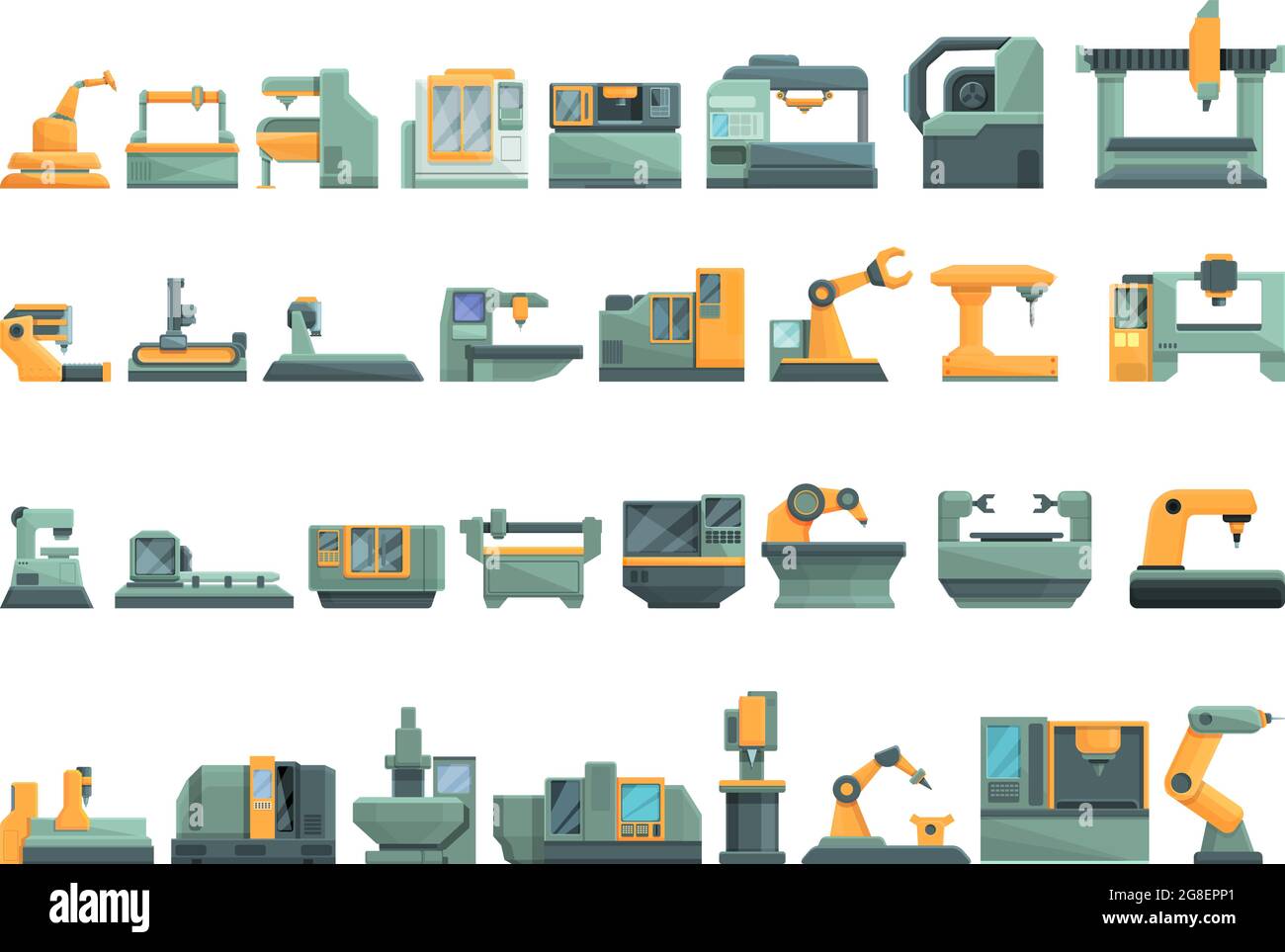 Cnc machine icons set cartoon vector. Mill controller. Industrial tool ... Cnc machine icons set cartoon vector. Mill controller. Industrial tool ...
