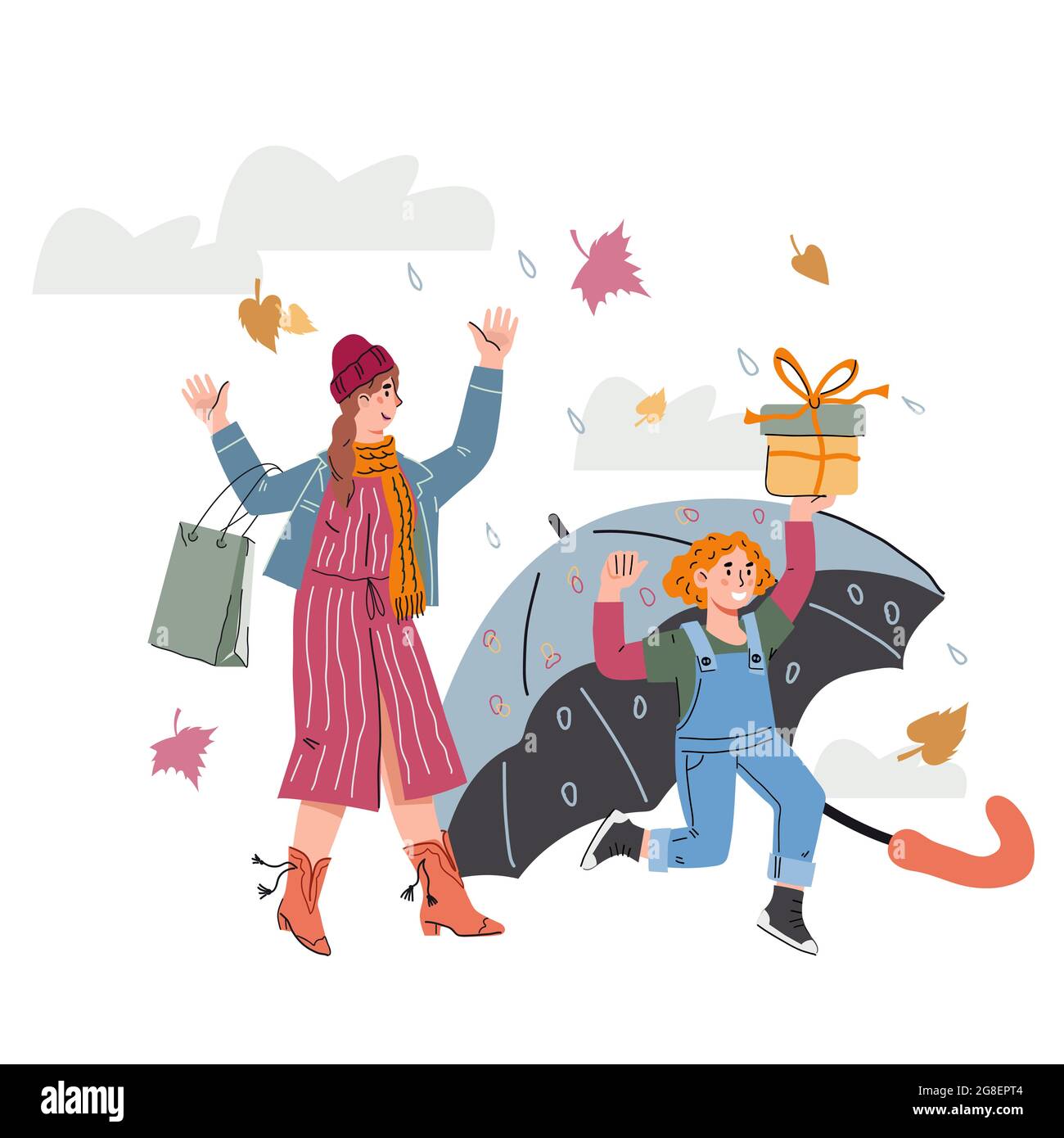 Autumn shopping concept with mother and daughter at backdrop of huge ...