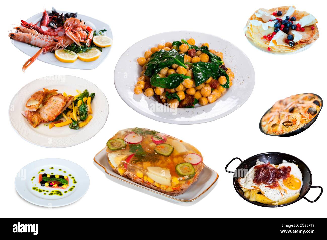 Set of many plates with food over white background Stock Photo - Alamy