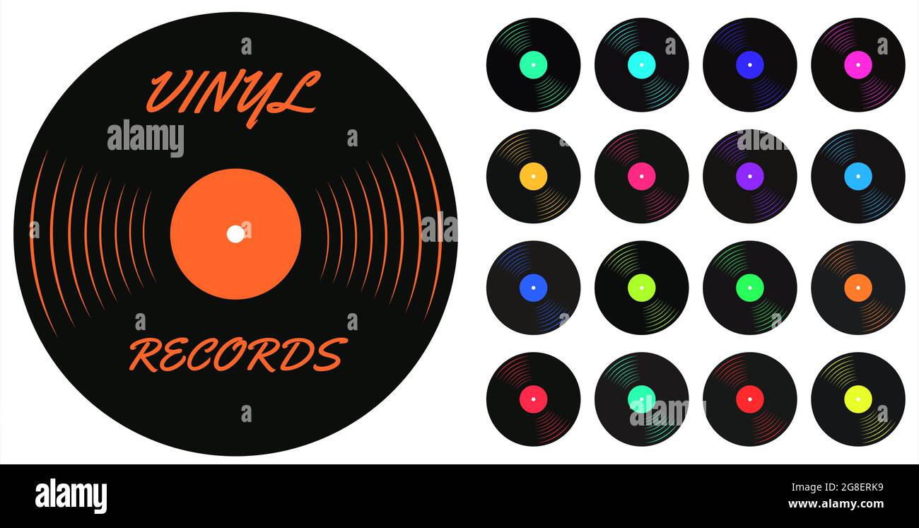 Vinyl record set vector illustration in various colors for music ...