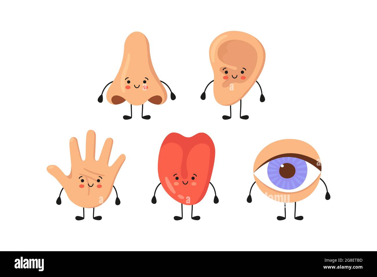 Five human senses organs kawaii characters set. Nose, ear, hand, tongue ...