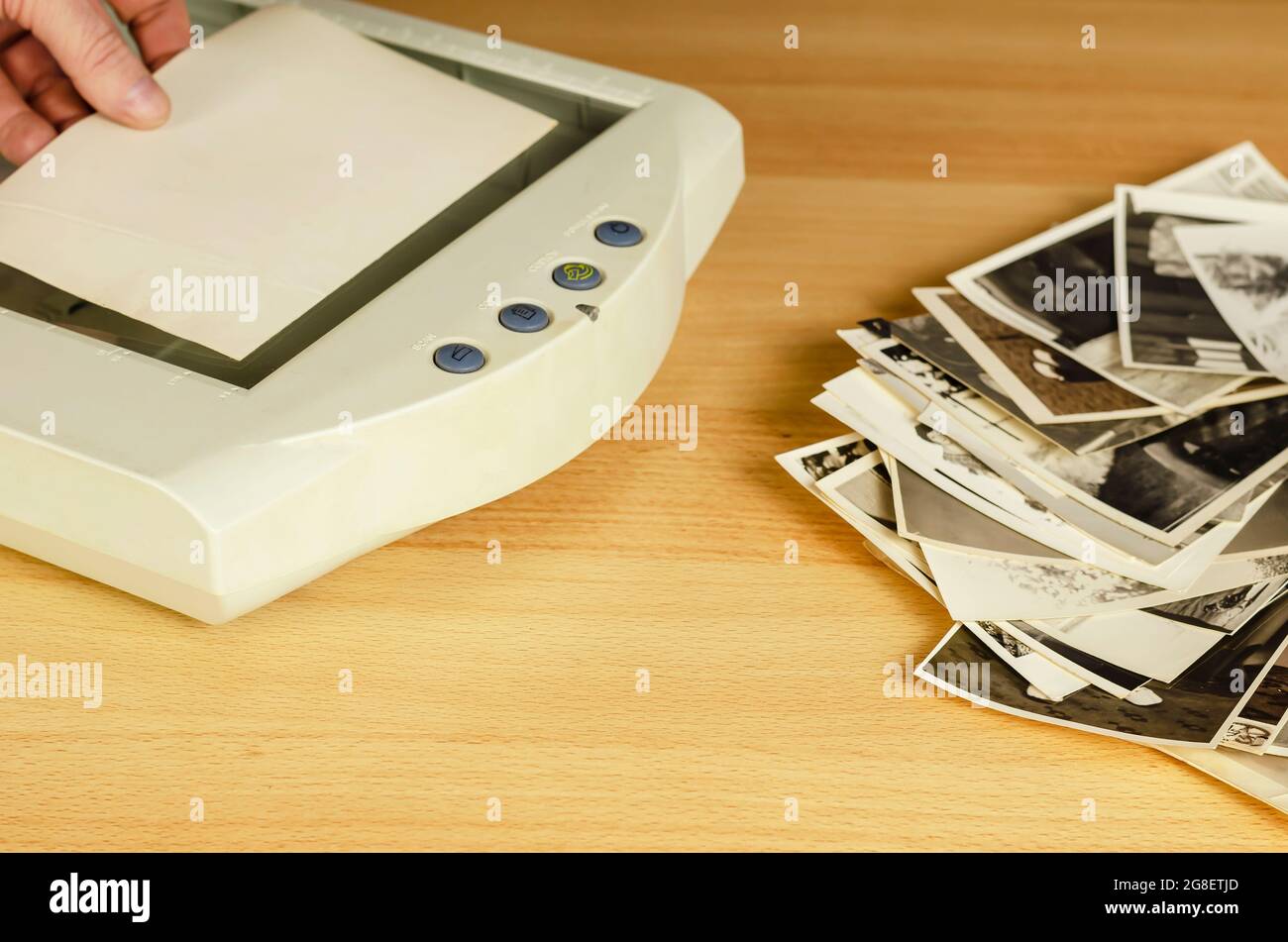 Scanning old photos. A man's hand puts a photo in the scanner. A stack ...