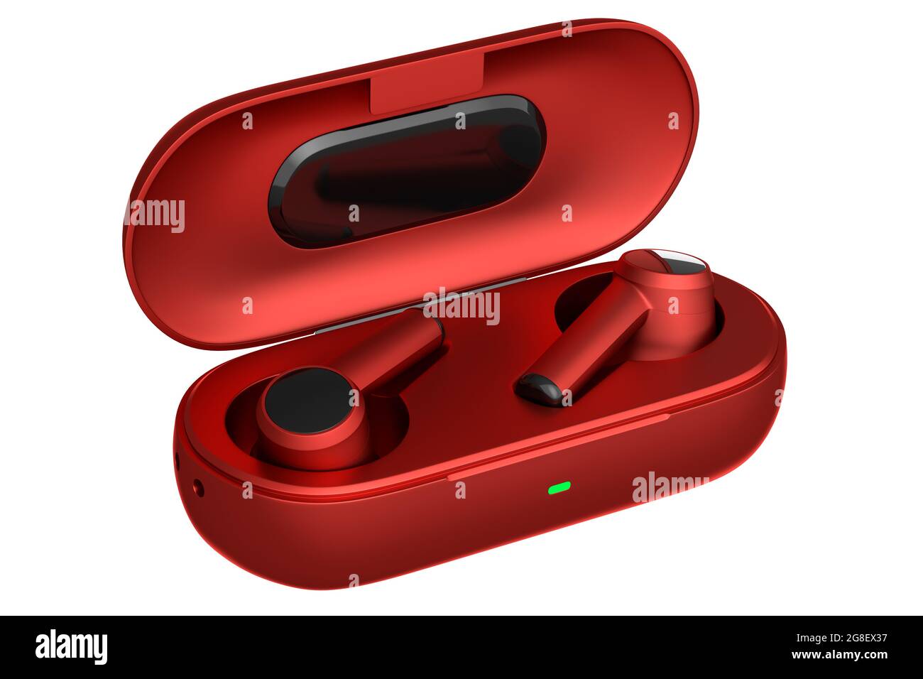 3D rendering of wireless earphones in base box on white background ...