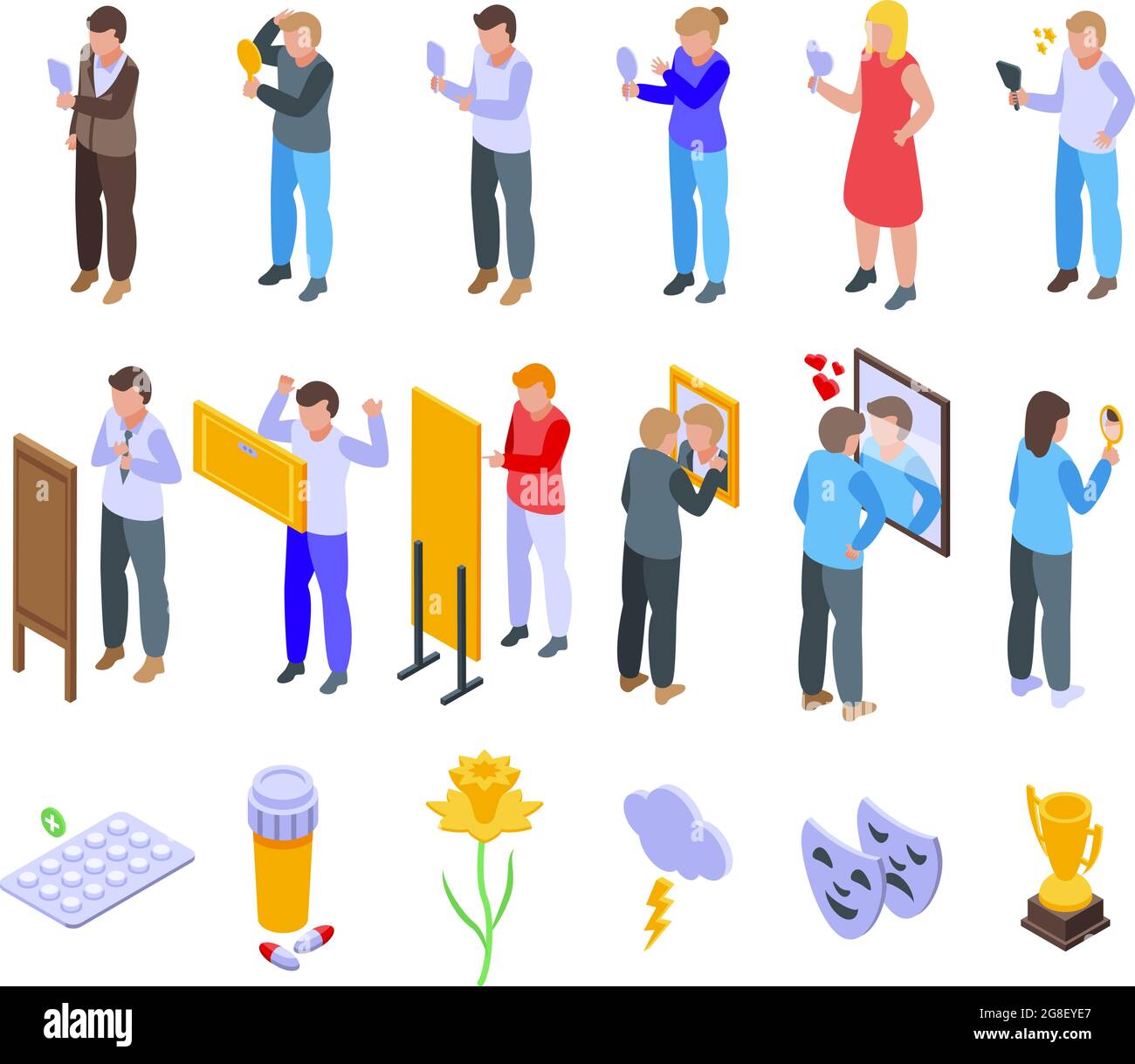 Narcissism icons set isometric vector. Mental health. Emotion control ...