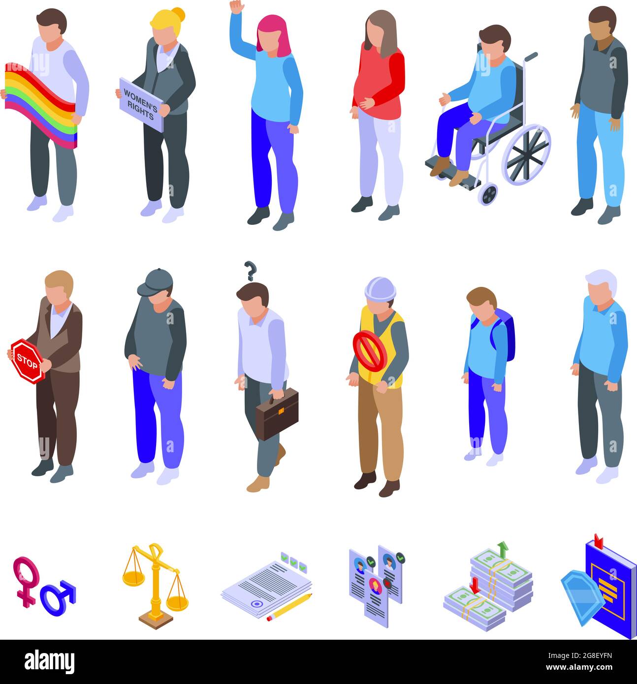 Discrimination icons set isometric vector. Police brutality. Civil ...