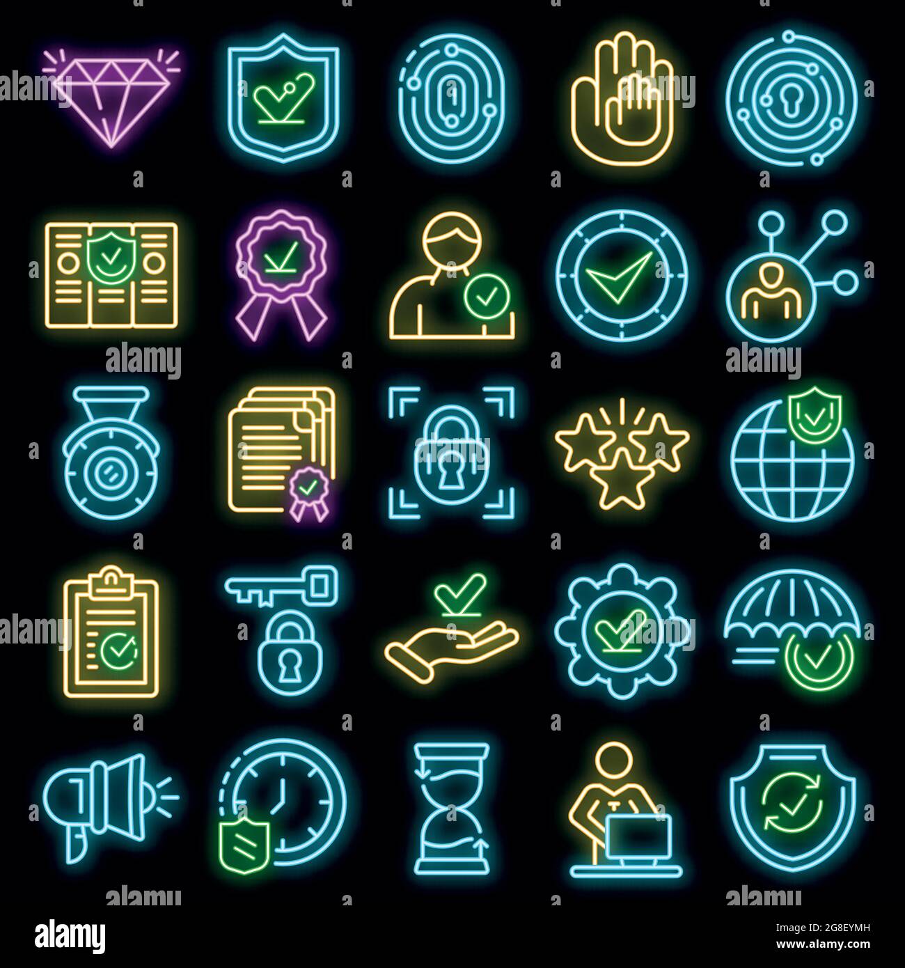 Reliability icons set. Outline set of reliability vector icons neon ...