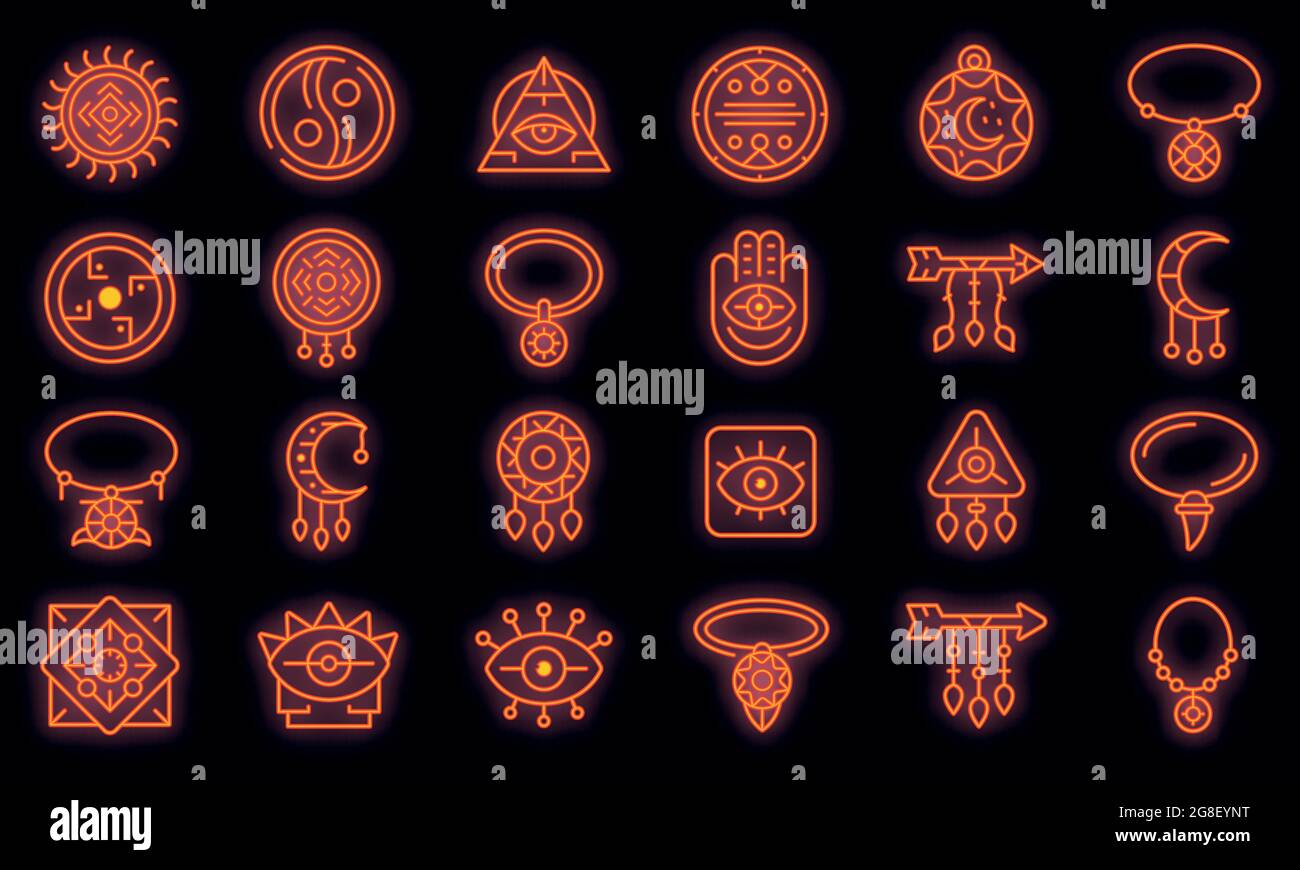 Amulet icons set. Outline set of amulet vector icons neon color on ...