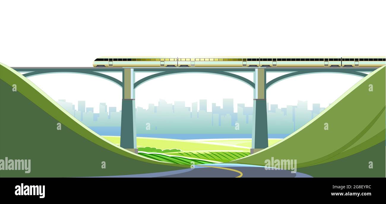 High-speed train on bridge. Fast transport. Railway with locomotive ...