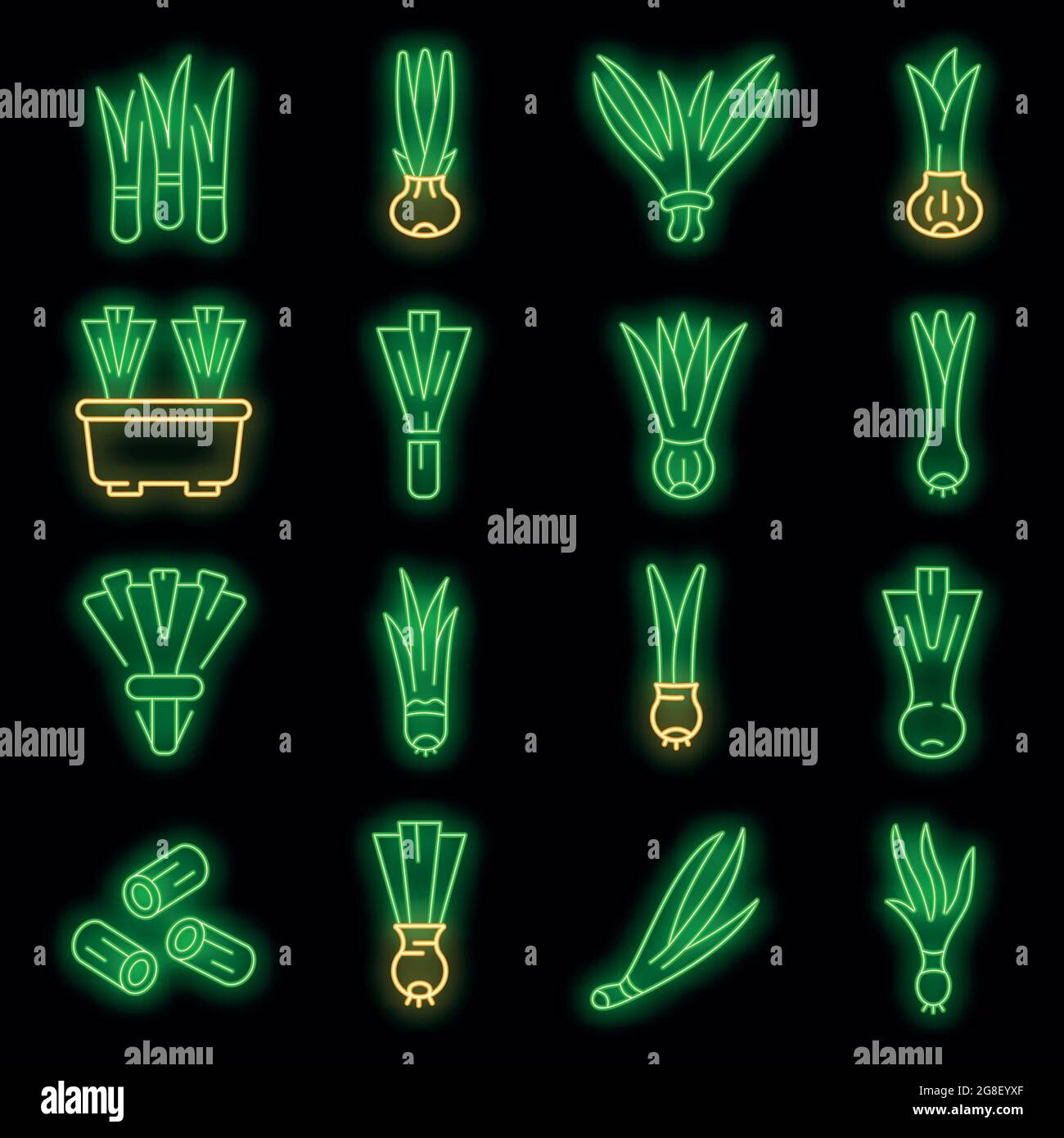 Chives icons set. Outline set of chives vector icons neon color on ...