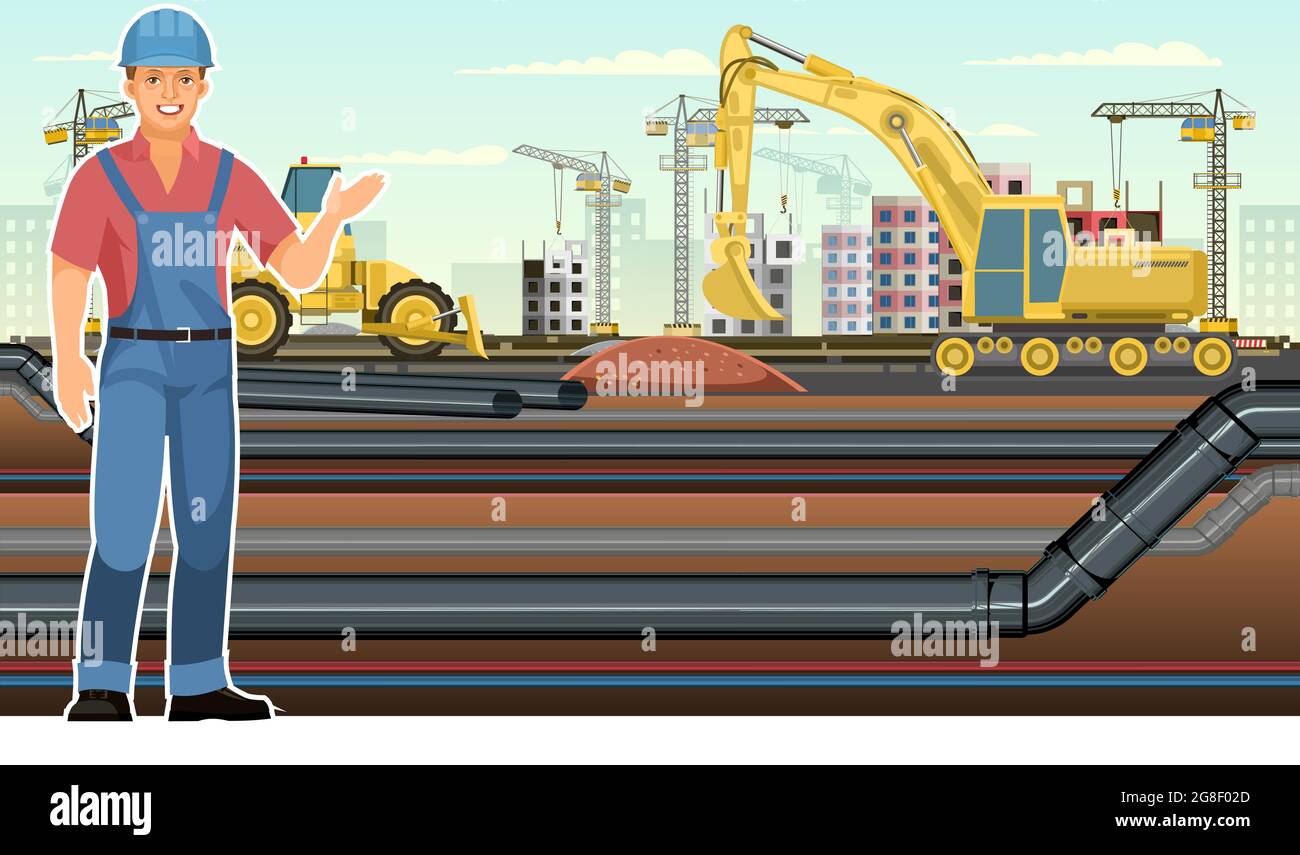 Industrial pipeline laying. Builder in uniform and hard hat. Excavation ...