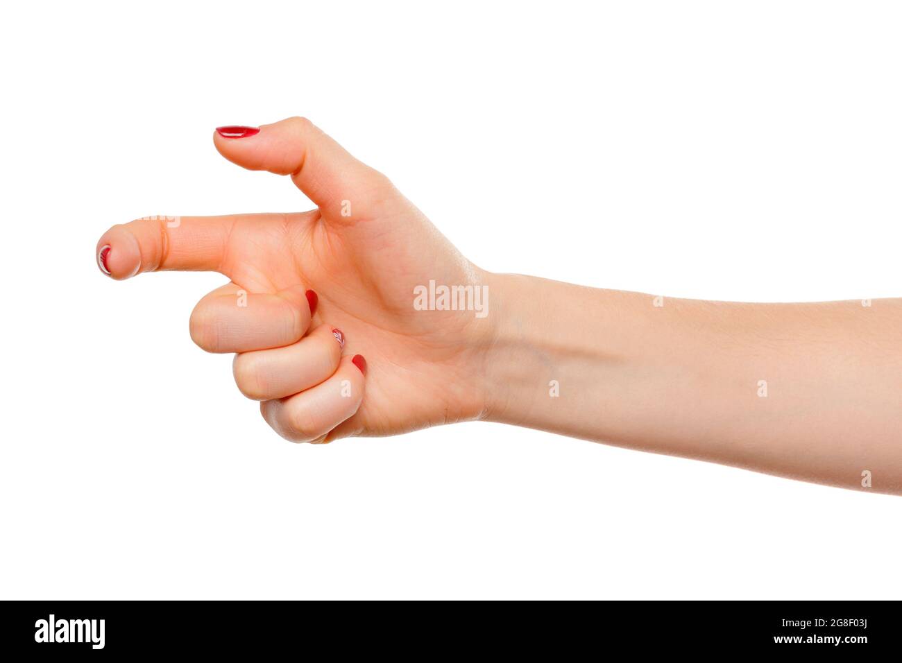 Beautiful woman hand sign holding isolated on white background Stock ...