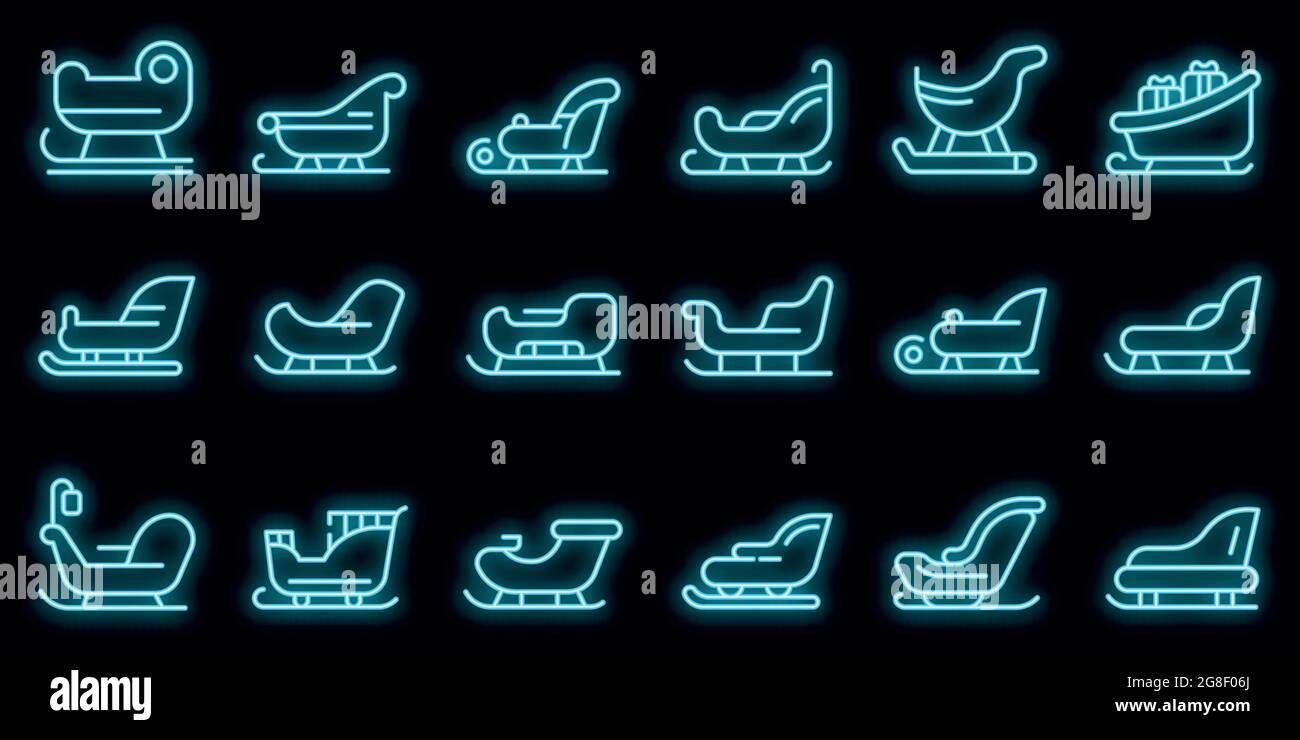 Sleigh icons set. Outline set of sleigh vector icons neon color on ...