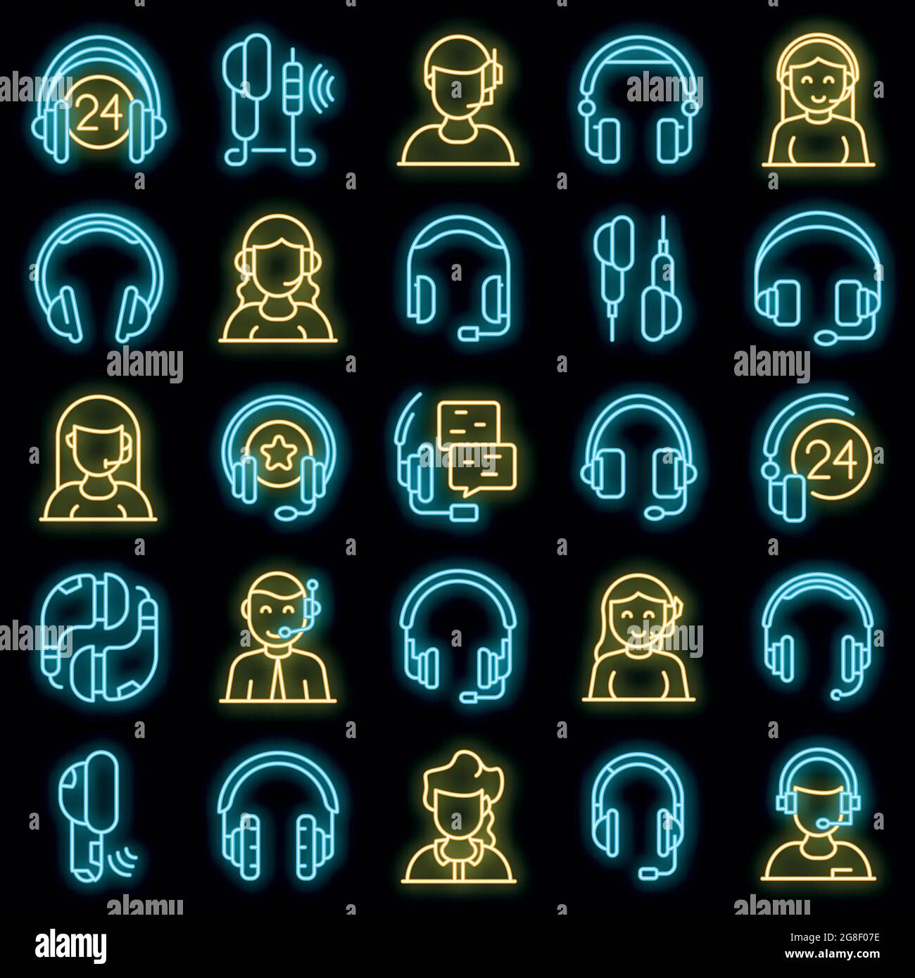 Headset icons set. Outline set of headset vector icons neon color on ...