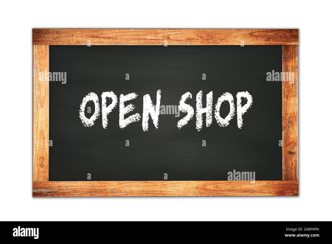 OPEN SHOP text written on black wooden frame school blackboard Stock ...