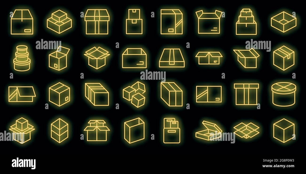 Box icons set. Outline set of box vector icons neon color on black ...