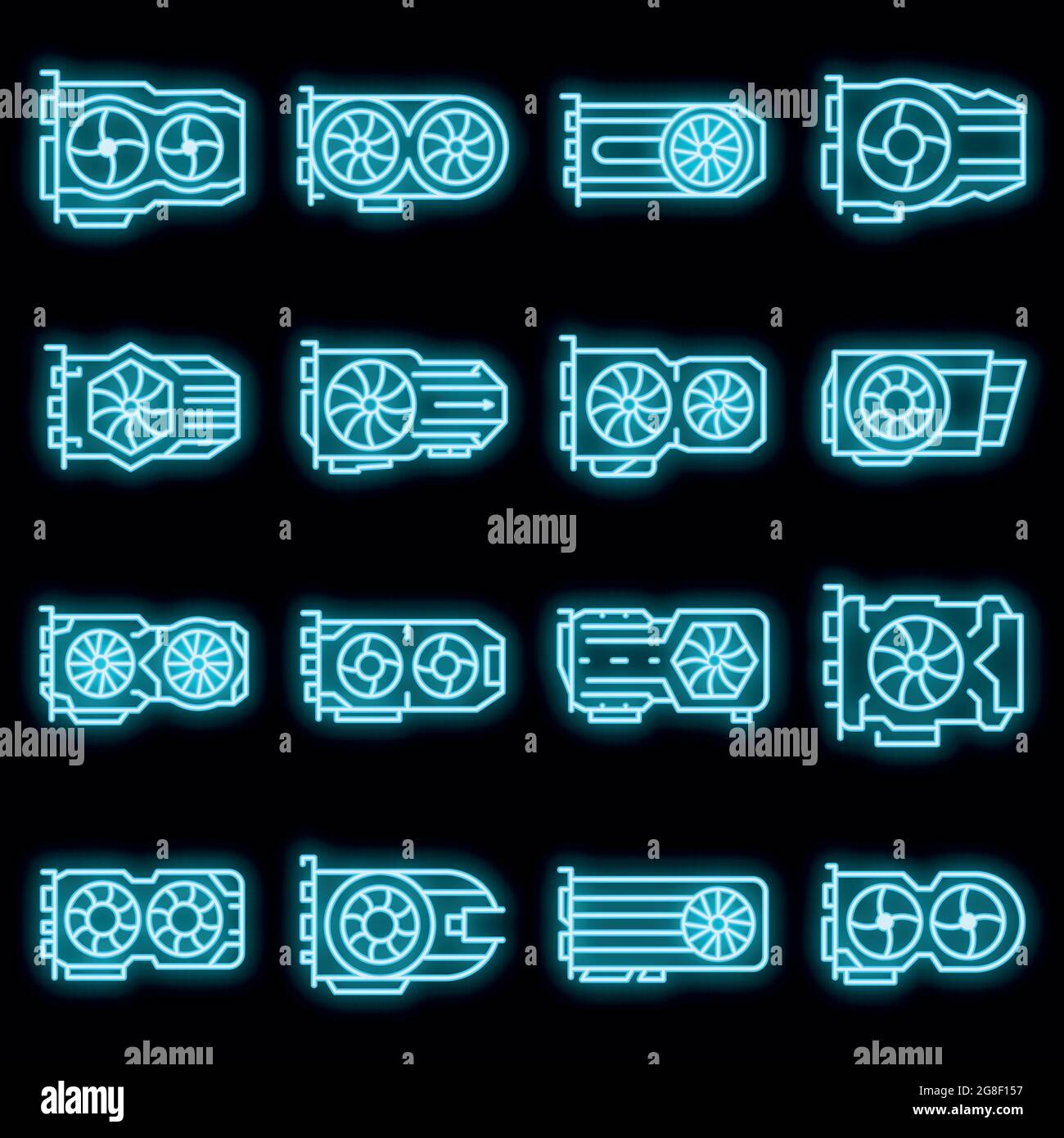 Graphics card icons set. Outline set of graphics card vector icons neon ...