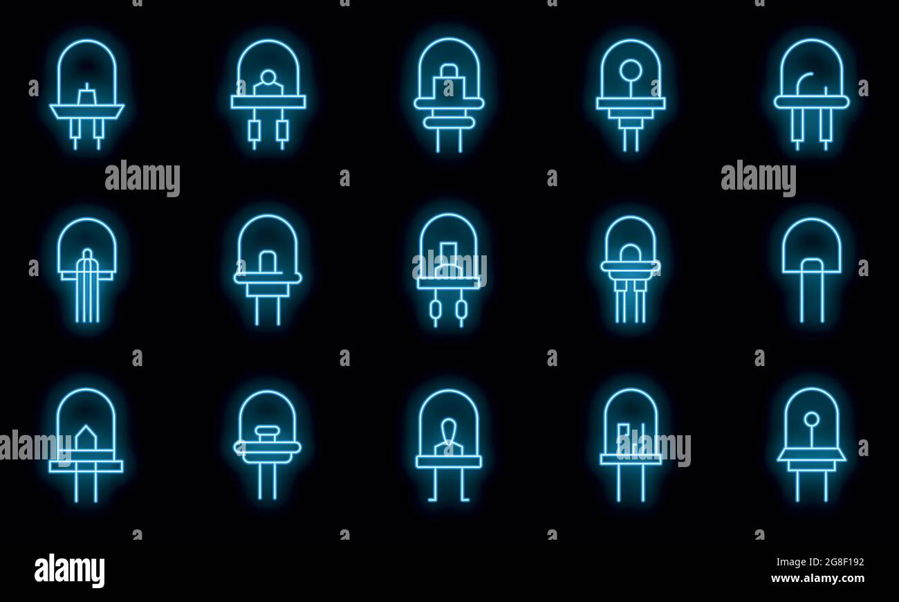 Diode icons set. Outline set of diode vector icons neon color on black ...