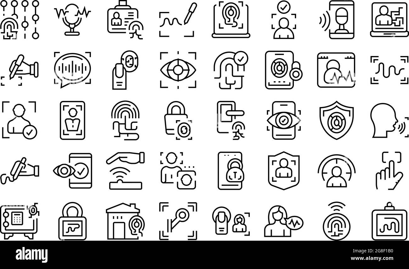 Handwriting identification icons set outline vector. Access approve. Biometric authentication ...