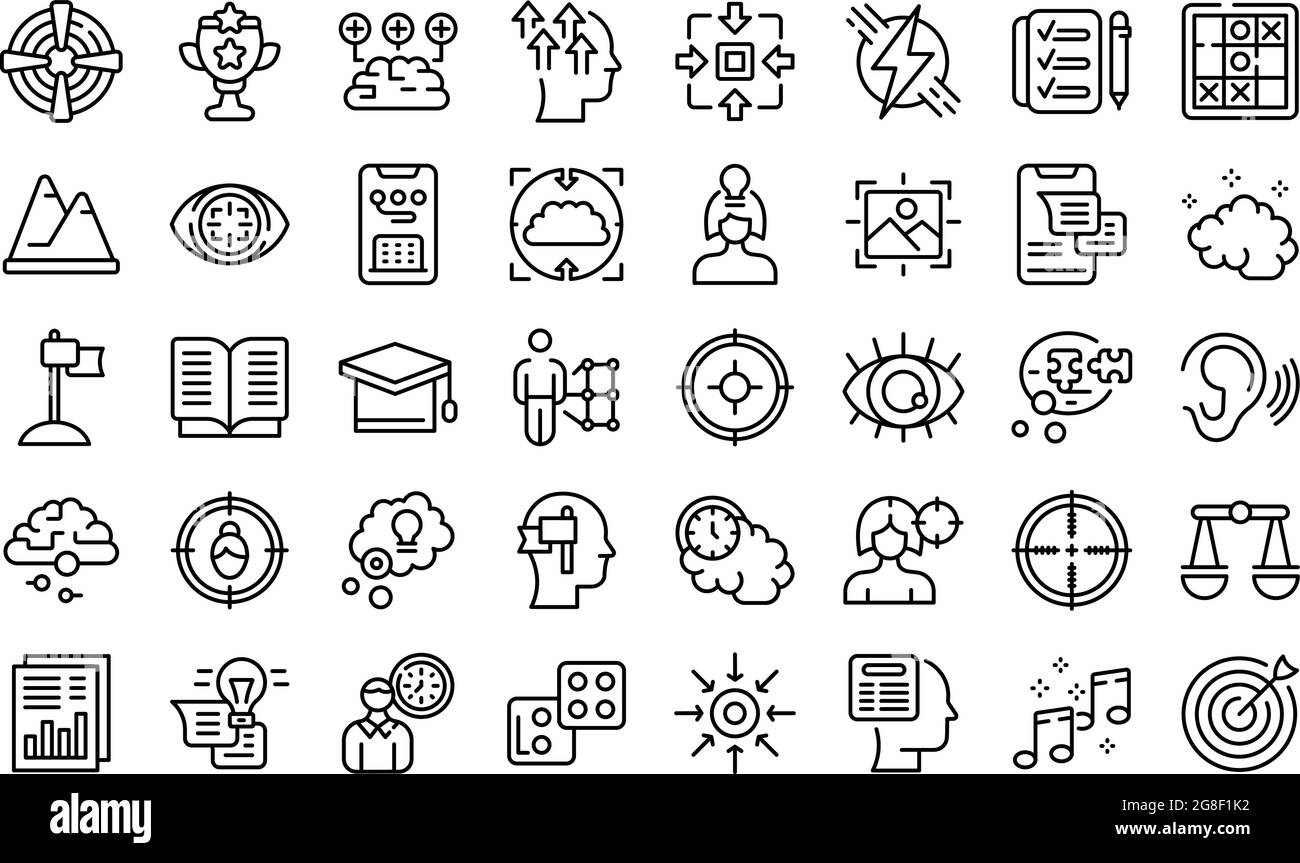 Concentration of attention icons set outline vector. Goal focus. Manage ...