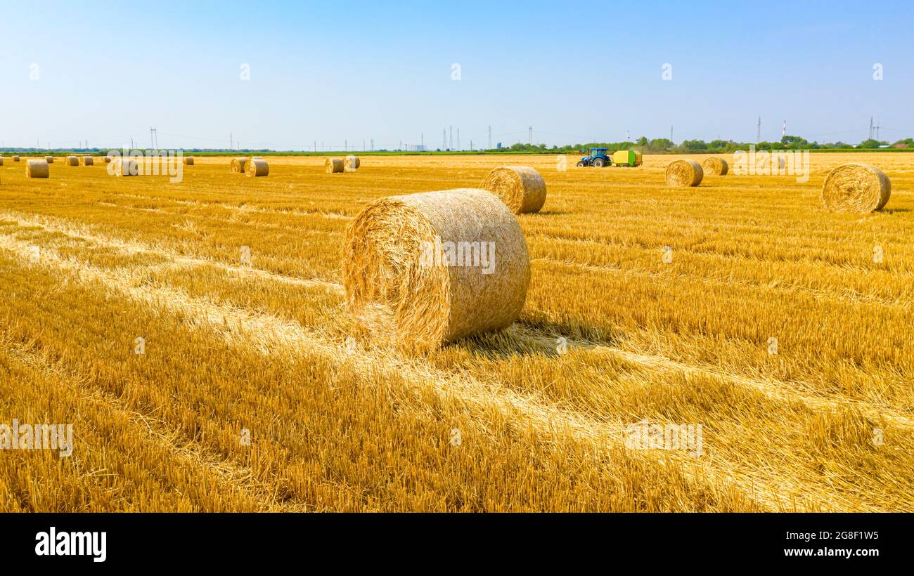 Above view of agricultural field with round bales of straw, after ...
