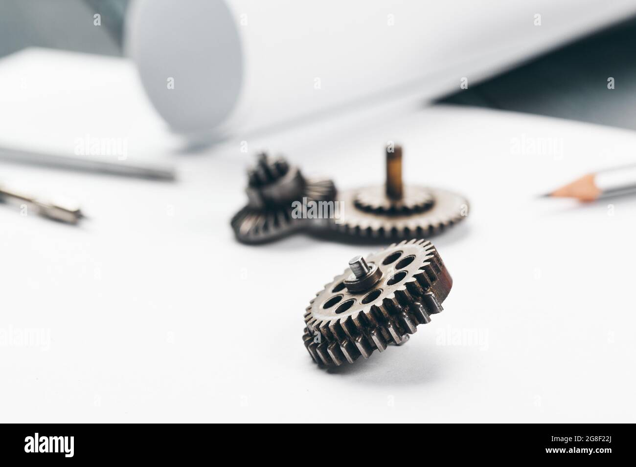 Engineering supplies and blueprints on workplace close up Stock Photo ...