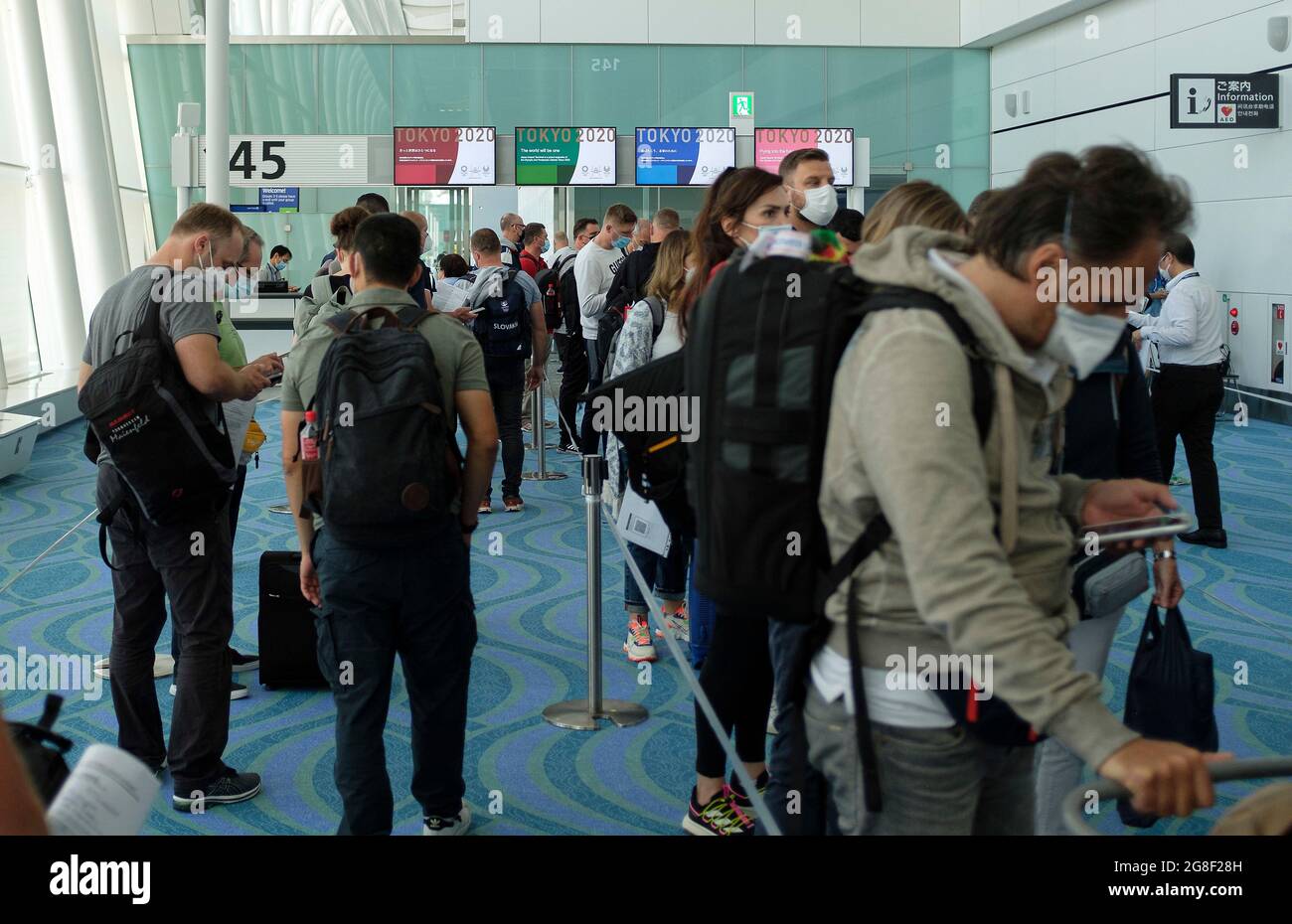 Queue before entry to Japan at Haneda Airport, on July 19, 2021 Summer ...