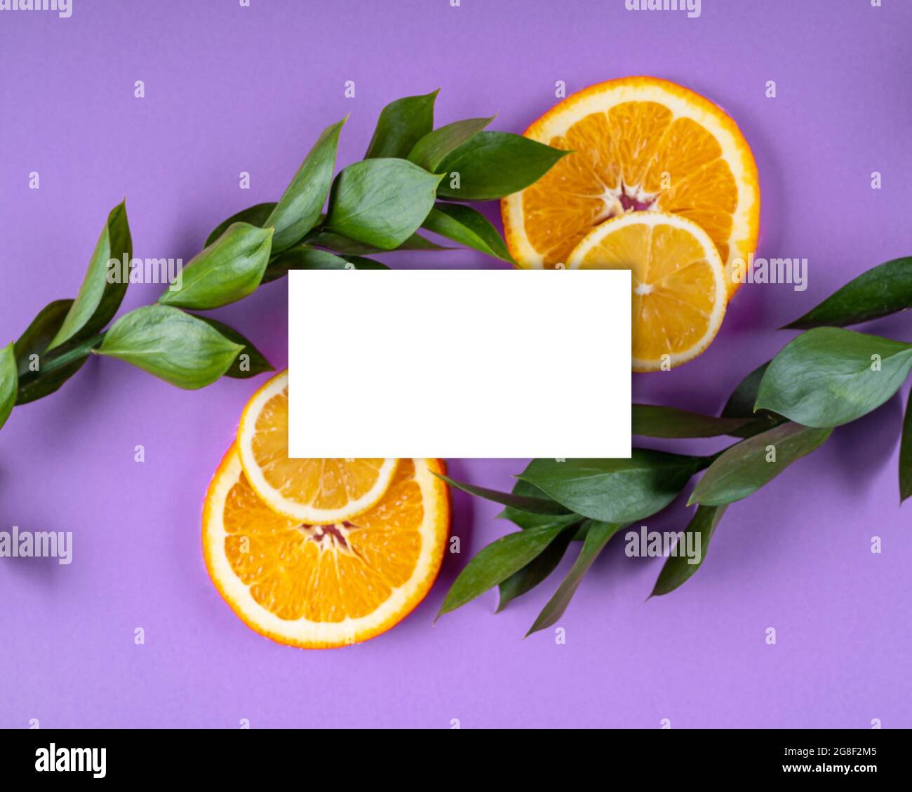 White paper card note bright flower leaf and orange fruit composition ...