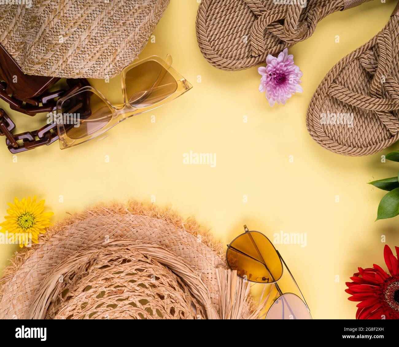 Summer travel blogger accessories flat lay top view copy space with ...