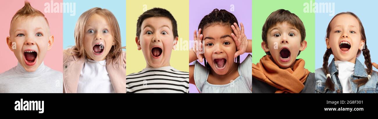 Collage made of portraits of little cute kids, boys and girls isolated ...