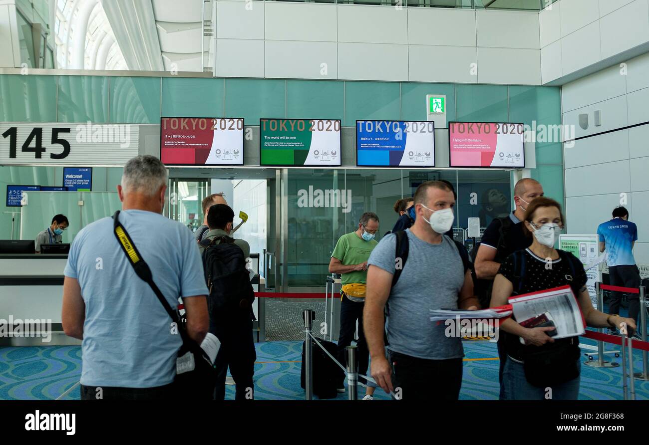 Queue before entry to Japan at Haneda Airport, on July 19, 2021 Summer ...