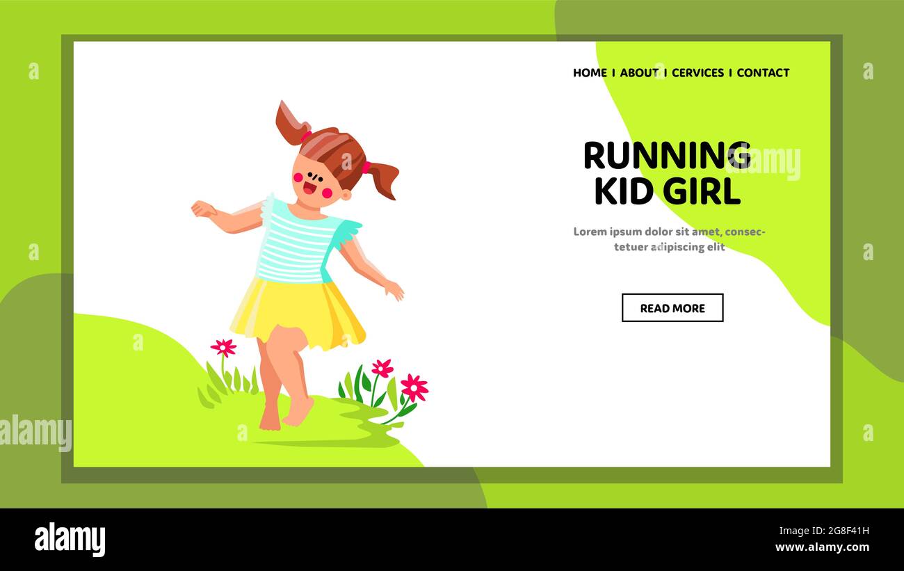 Kid Girl Running On Flower Field Outdoor Vector Stock Vector Image ...