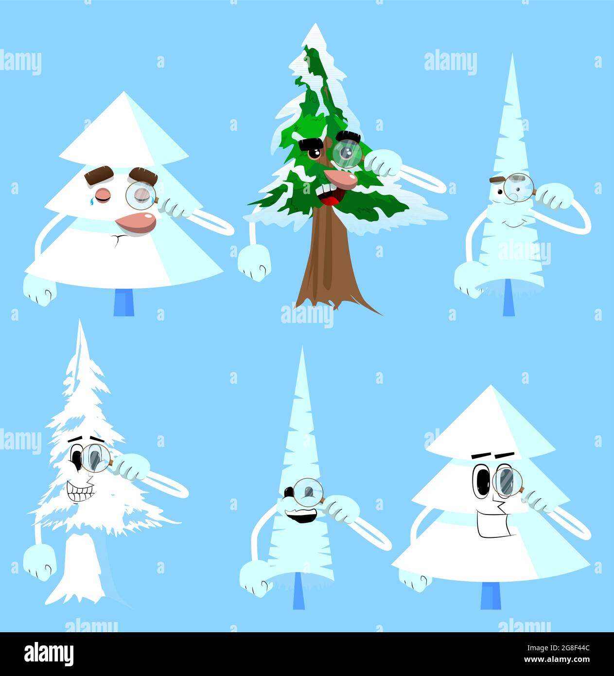Cartoon winter pine trees with faces holding a magnifying glass. Cute ...