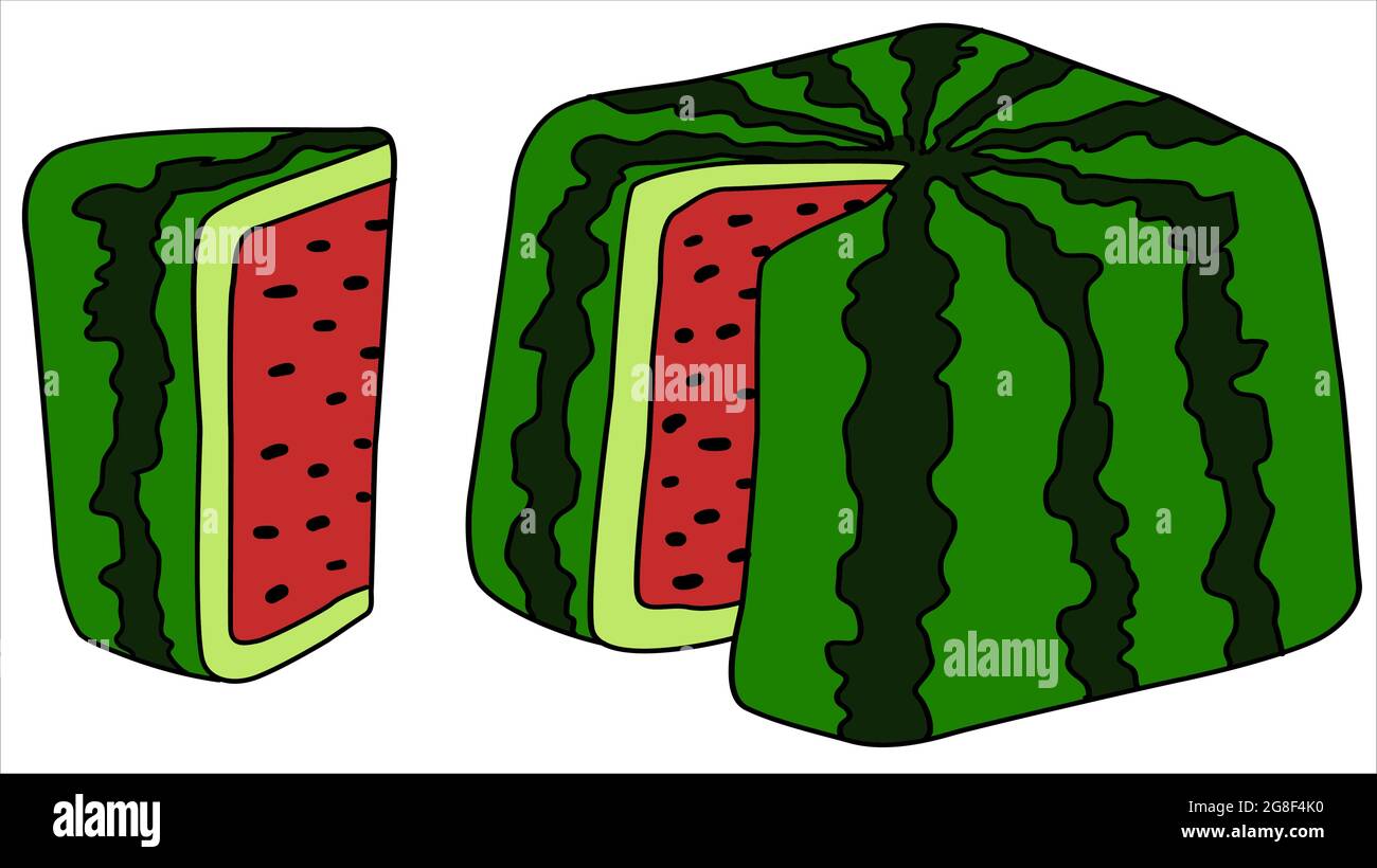 Square watermelon with slice, cartoon color vector illustration ...