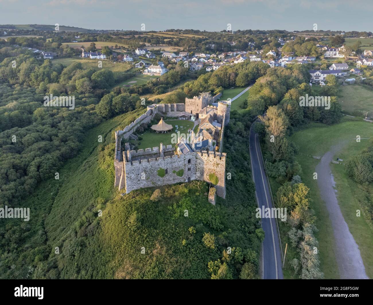 Editorial Manorbier, UK - July 13, 2021: Drone view of Manorbier castle ...