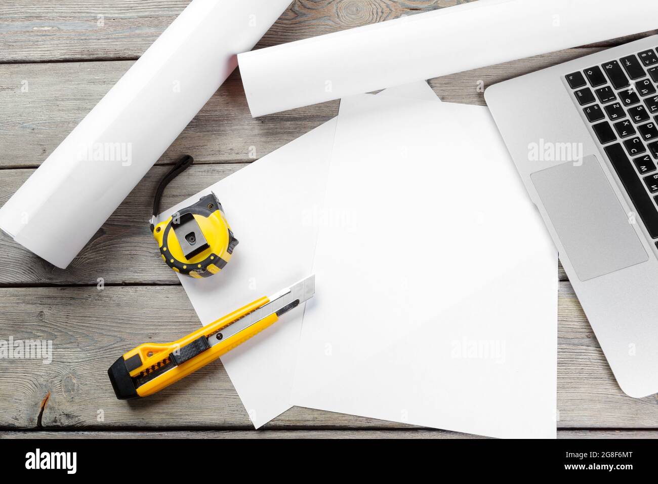 Architect workplace with open laptop and instruments top view Stock ...