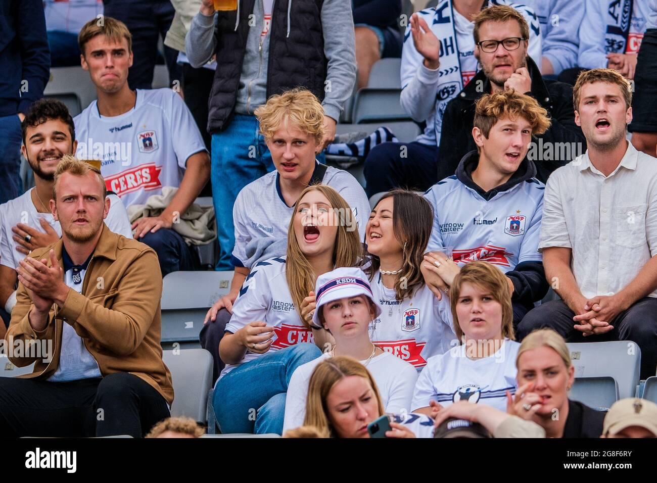 Aarhus, Denmark. 18th, July 2021. Football fans of Aarhus GF seen ...