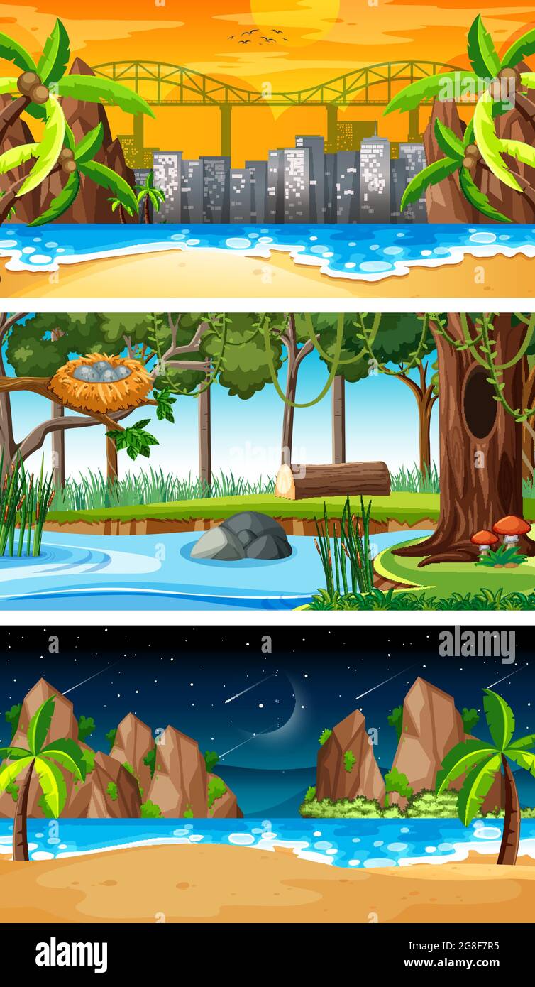 Set of different types of forest horizontal scenes illustration Stock ...