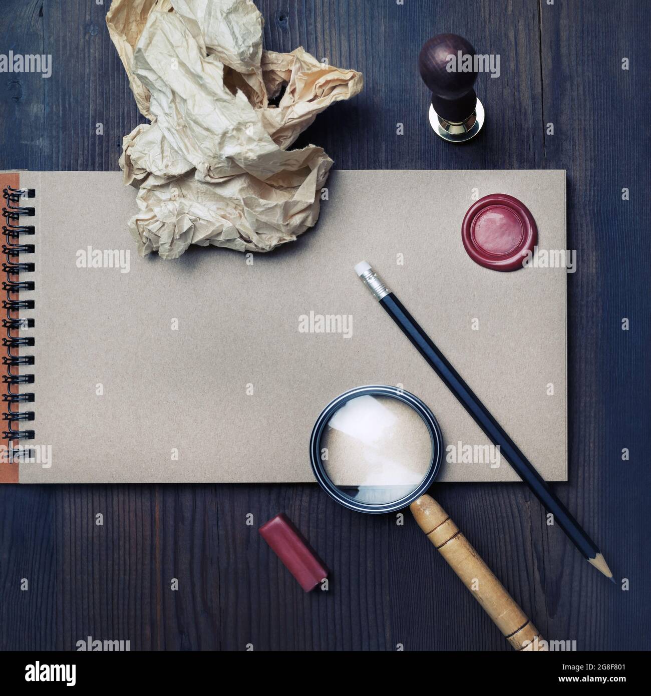 Blank retro stationery set on wood table background. Top view. Flat lay ...