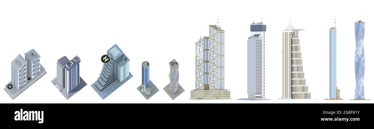 Set of fine detailed high tech buildings with fictional design and ...