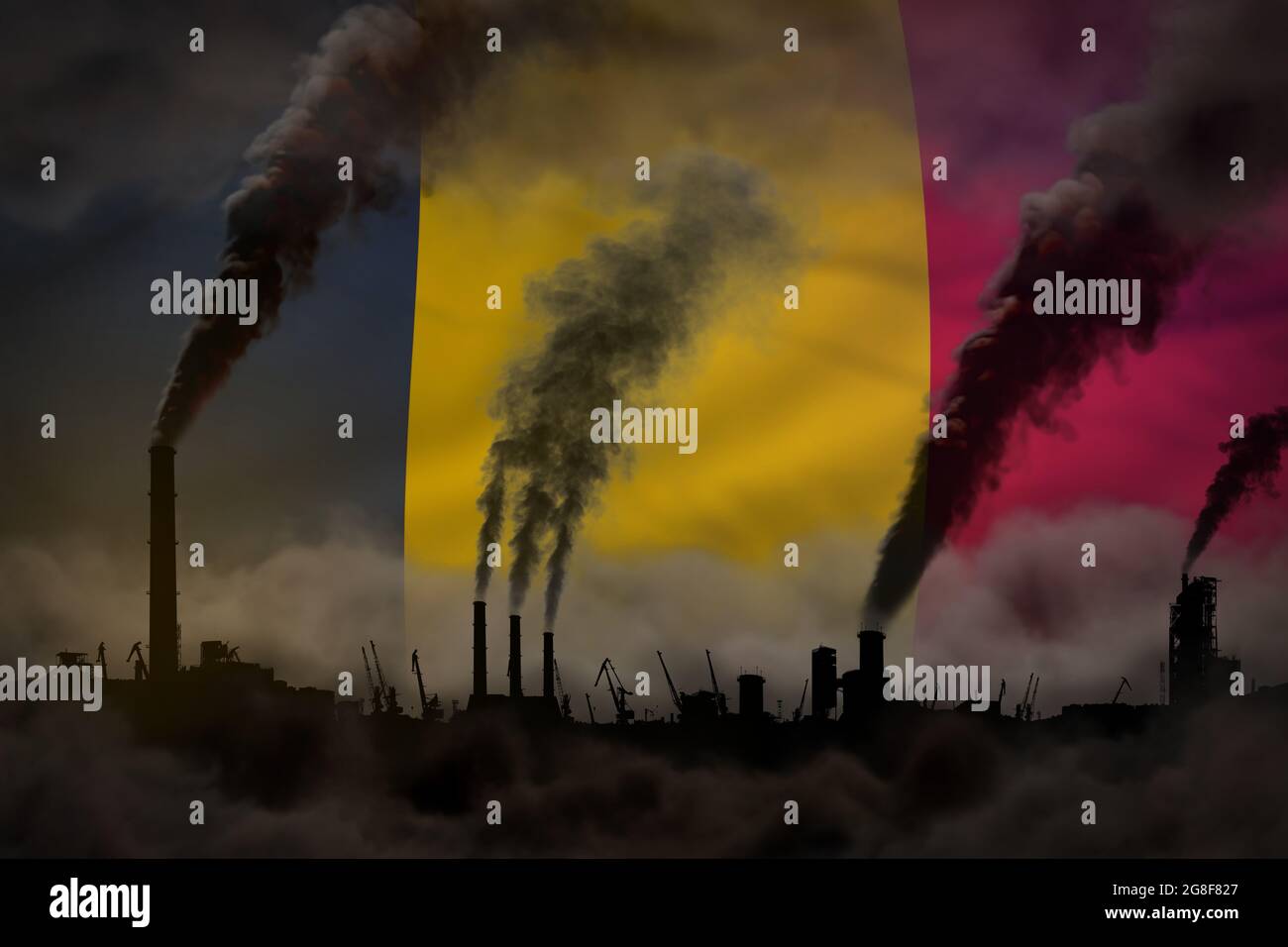 Global warming concept - heavy smoke from industrial pipes on Chad flag ...