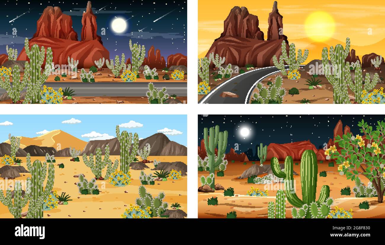 Different scenes with desert forest landscape illustration Stock Vector ...