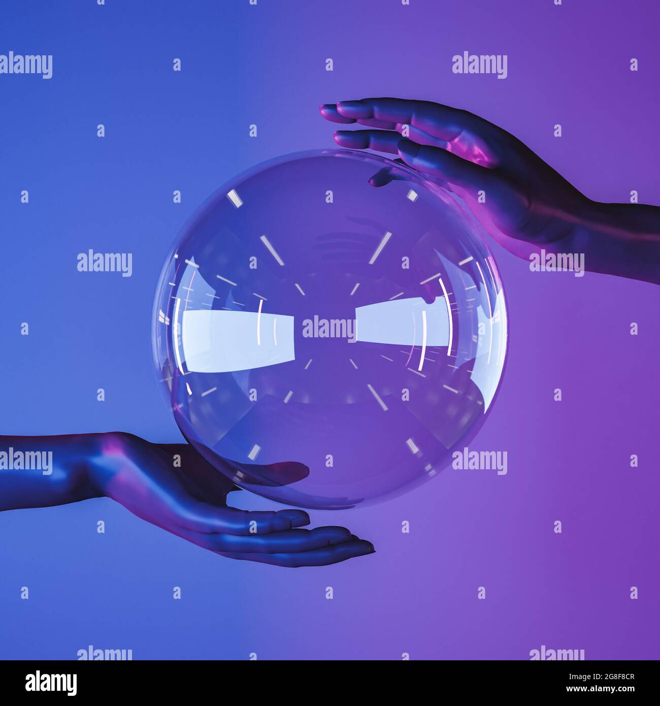 transparent glass sphere with reflections and dark hands covering it ...