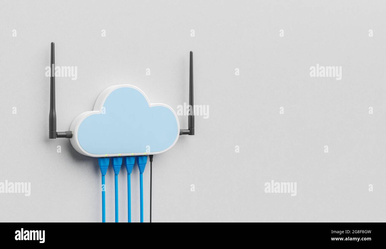 cloud-shaped wifi router with ethernet cables connected on white ...