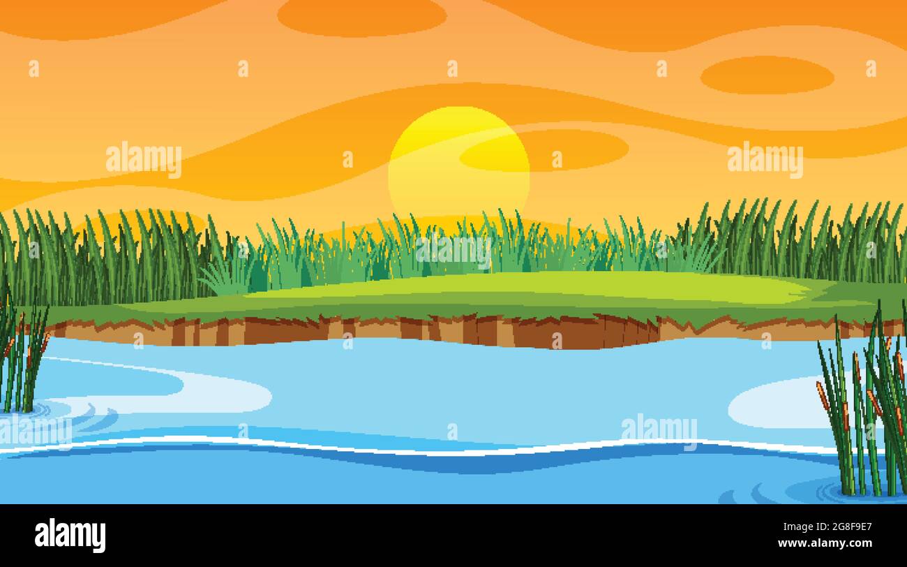 Landscape scene of forest with river and the sun going down ...