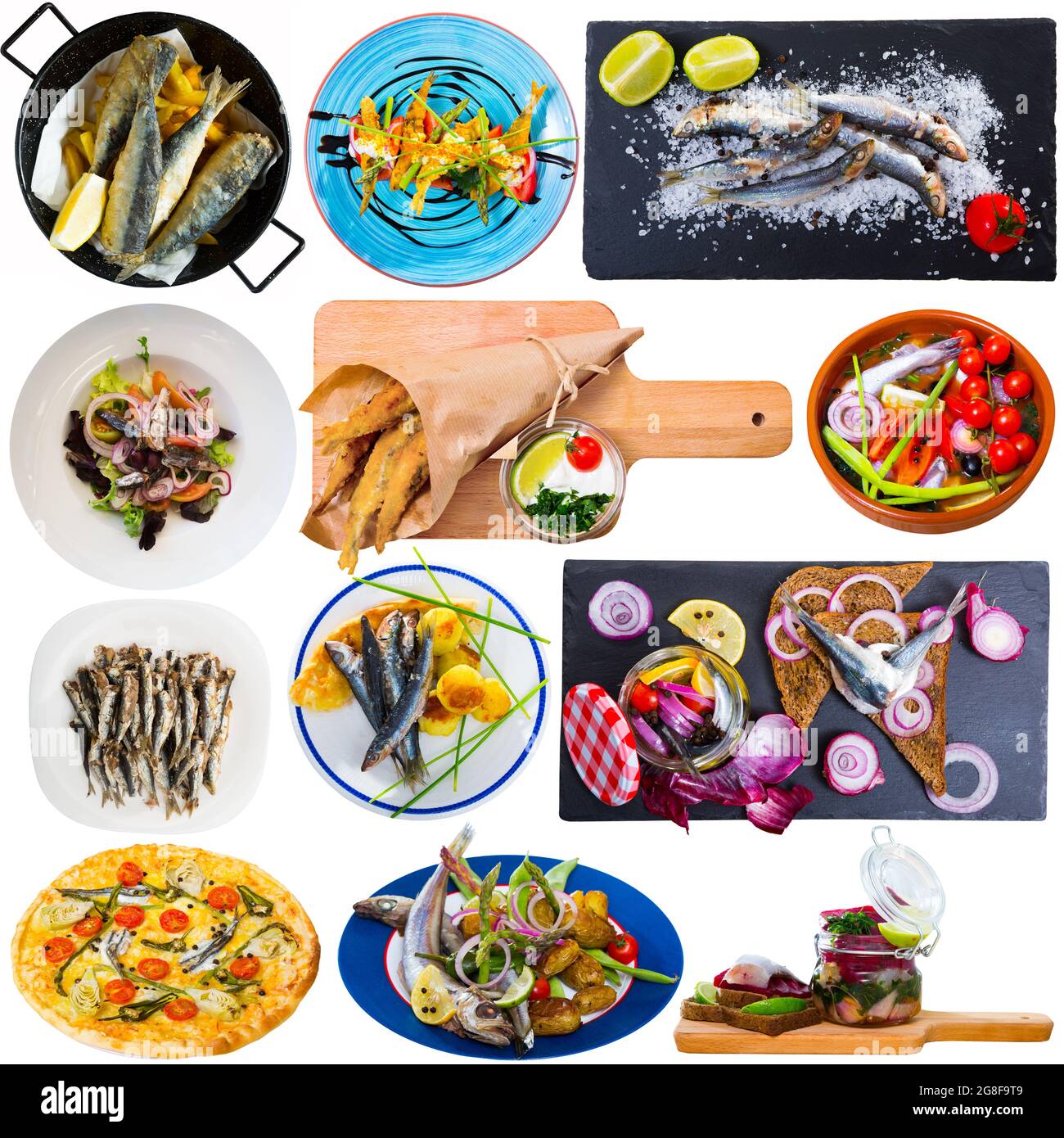 Assorted dishes from small fish - sprat, hamsa, anchovy, sardines Stock ...