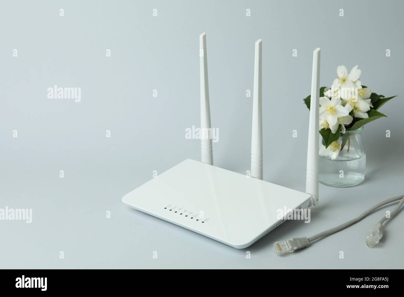 Wi-Fi router and flowers on gray background Stock Photo - Alamy