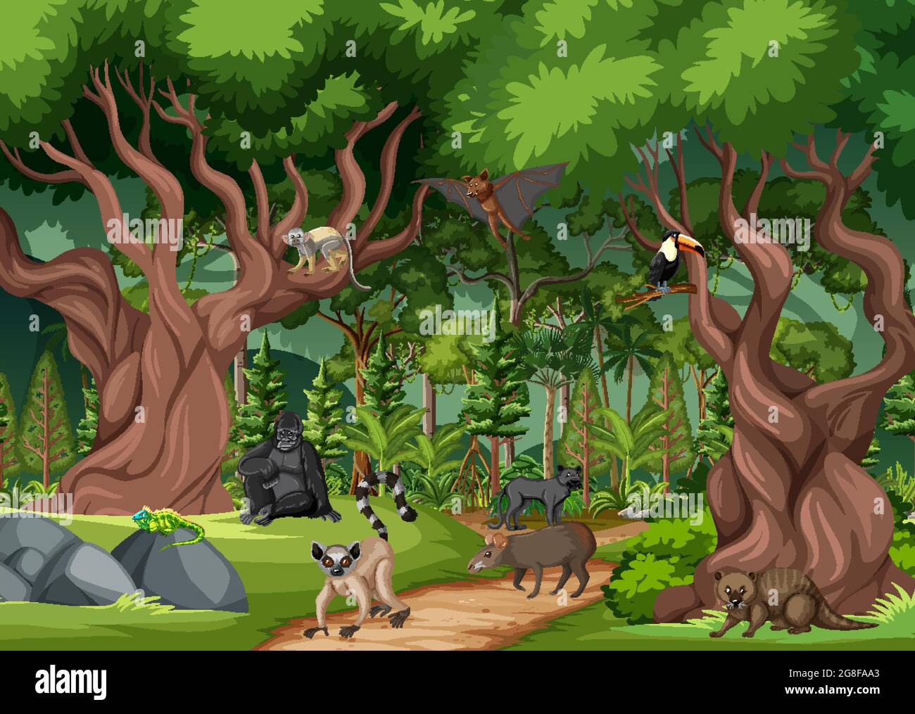 Tropical rainforest scene with various wild animals illustration Stock ...